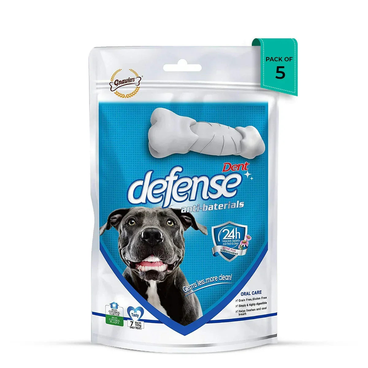 Gnawlers Grain-Free Dent Defense Anti-Bacterial Chew Bone Dog Dental ...